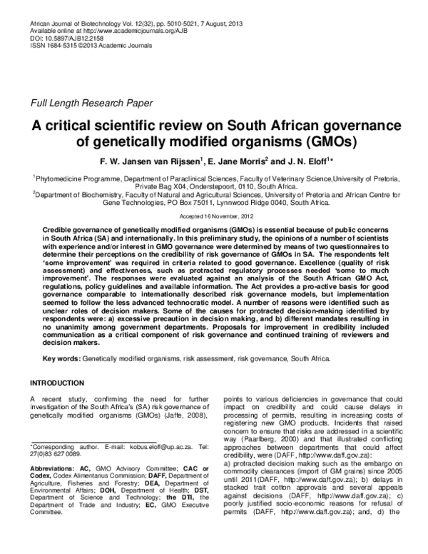 (PDF) A critical scientific review on South African governance of ...