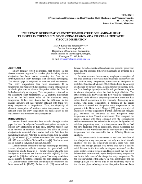(PDF) Influence of Dissipative Entry Temperature on Laminar Heat Transfer in Thermally ...