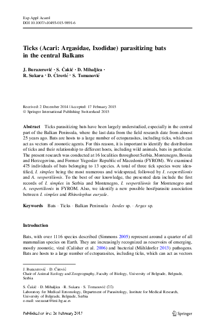 (PDF) Ticks (Acari: Argasidae, Ixodidae) parasitizing bats in the ...