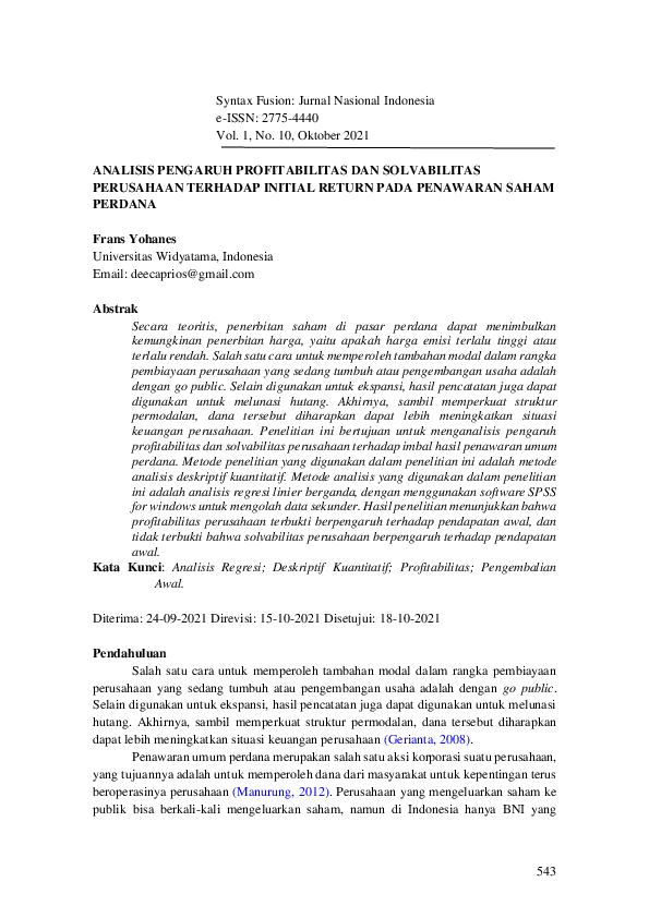 (PDF) Analisis Pengaruh Profitabilitas dan Solvabilitas Perusahaan ...