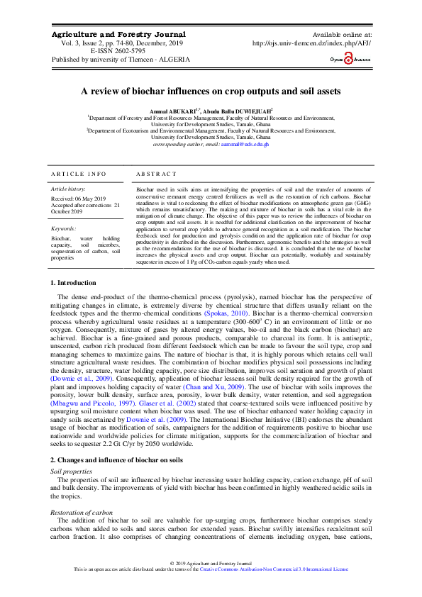 (PDF) A review of biochar influences on crop outputs and soil assets