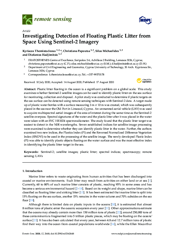 Pdf Investigating Detection Of Floating Plastic Litter From Space