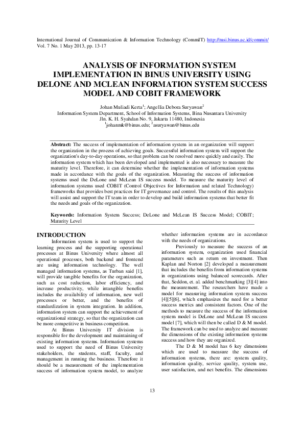 Pdf Analysis Of Information System Implementation In Binus University Using Delone And Mclean