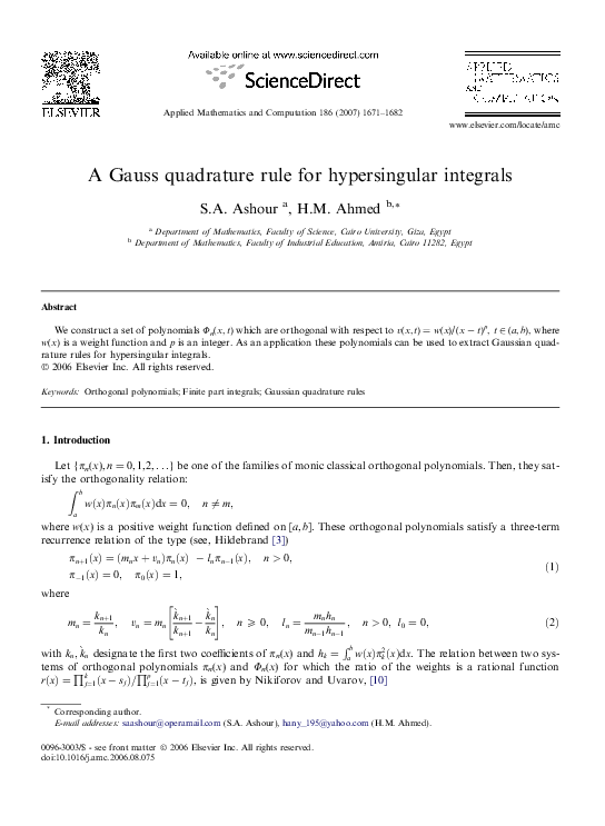 (PDF) A Gauss quadrature rule for hypersingular integrals