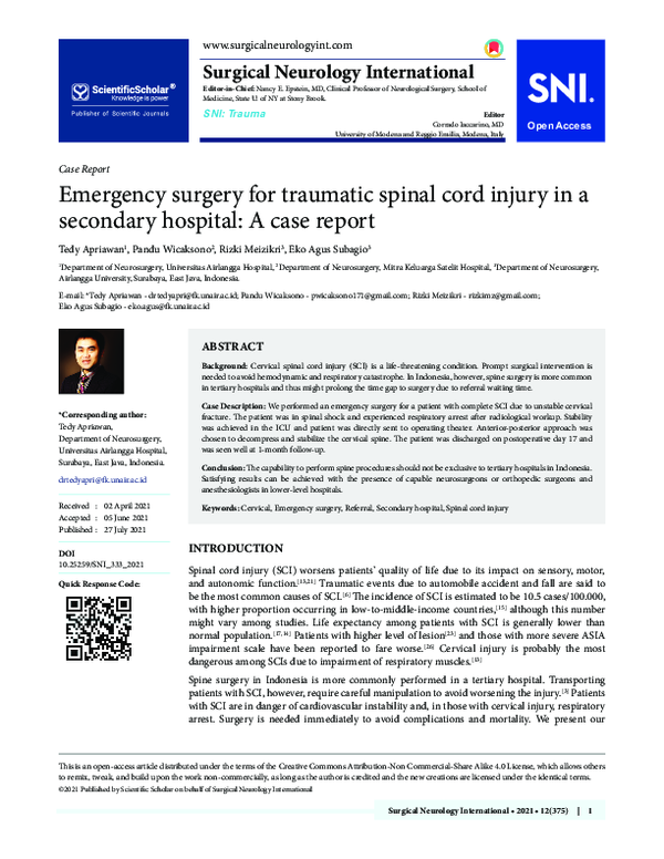 (PDF) Emergency surgery for traumatic spinal cord injury in a secondary ...