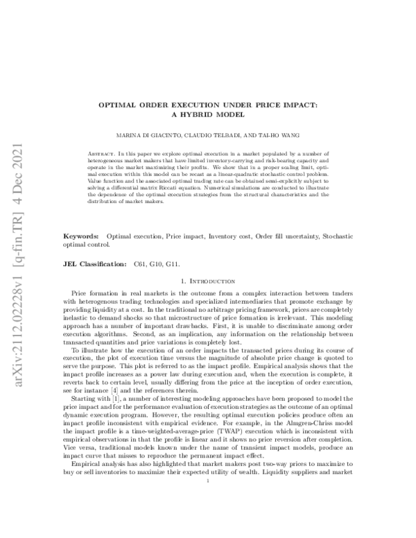 (PDF) Optimal order execution under price impact: A hybrid model | Claudio Tebaldi - Academia.edu
