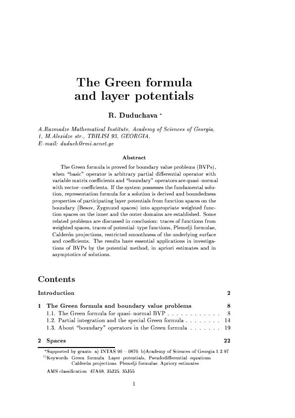 (PDF) The Green formula and layer potentials
