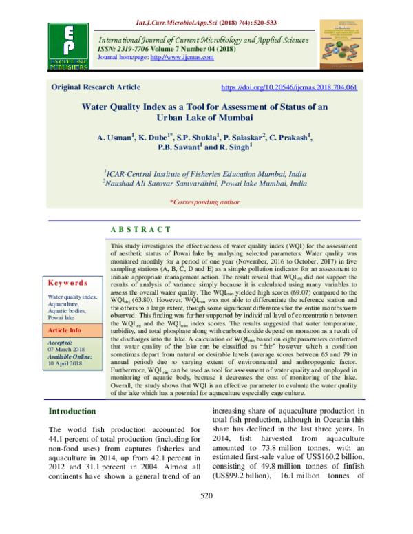 Pdf Water Quality Index As A Tool For Assessment Of Status Of An Urban Lake Of Mumbai