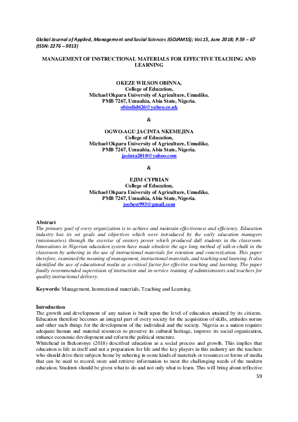 (PDF) Management of Instructional Materials for Effective Teaching and ...
