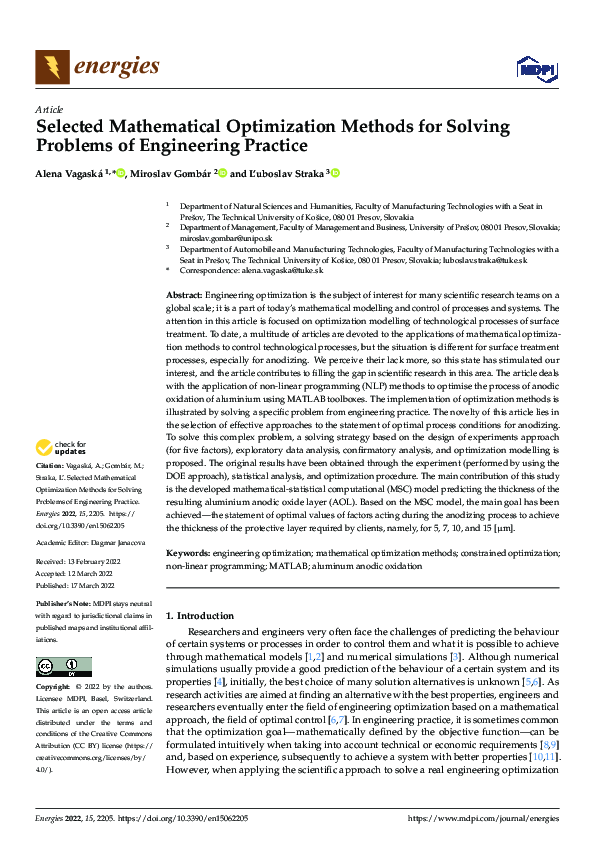 Pdf Selected Mathematical Optimization Methods For Solving Problems Of Engineering Practice