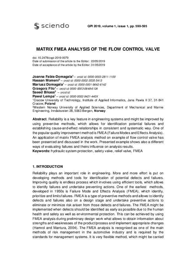 (PDF) Matrix FMEA Analysis of the Flow Control Valve