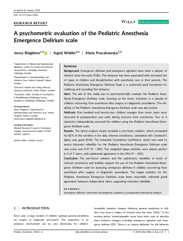 (PDF) A psychometric evaluation of the Pediatric Anesthesia Emergence ...