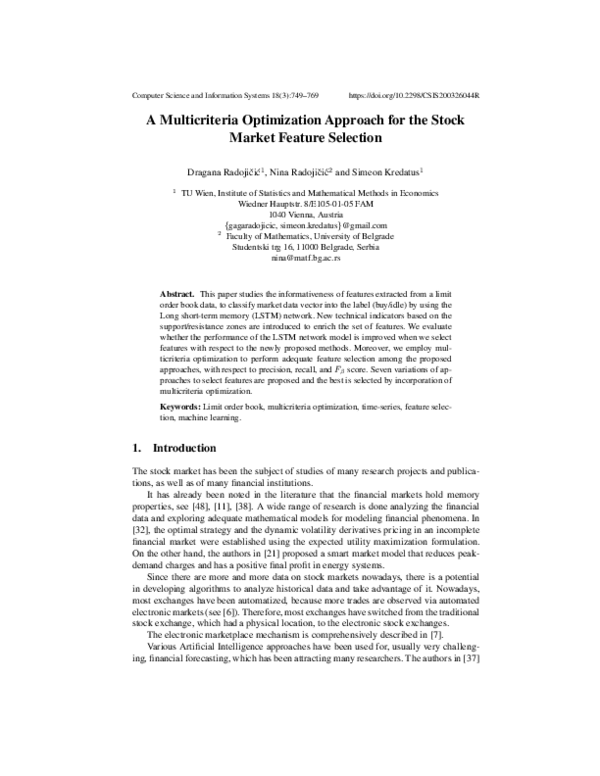 (PDF) A multicriteria optimization approach for the stock market feature selection | Simeon ...
