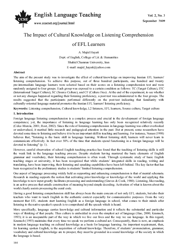 (PDF) The Impact of Cultural Knowledge on Listening Comprehension of ...