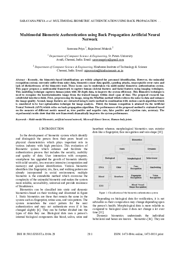 Pdf Multimodal Biometric Authentication Using Back Propagation