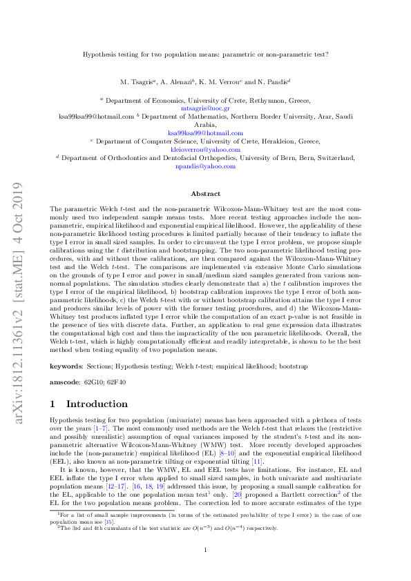 Pdf Hypothesis Testing For Two Population Means Parametric Or Non Parametric Test