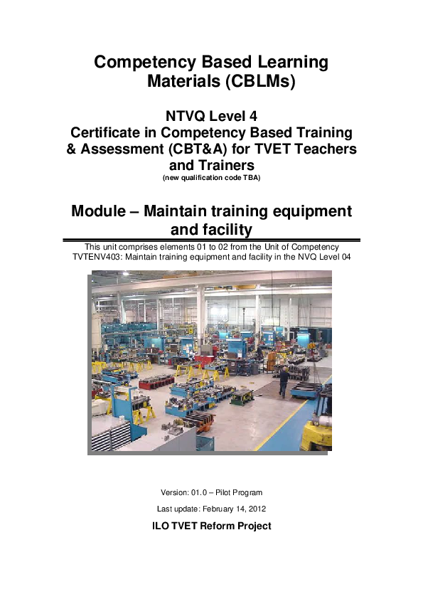 (PDF) NSDA 6. CBLM Maintain training equipment and facility