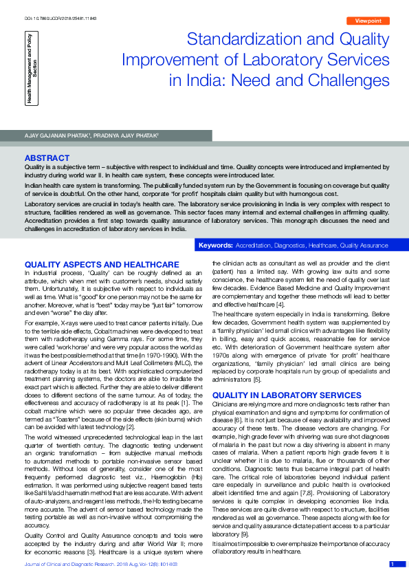 (PDF) Standardization and Quality Improvement of Laboratory Services in ...