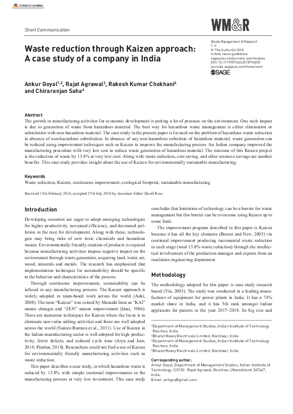 (PDF) Waste reduction through Kaizen approach: A case study of a company in India