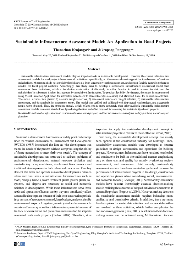 (PDF) Sustainable Infrastructure Assessment Model: An Application to ...