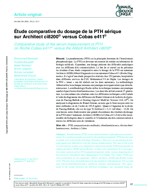 (PDF) Comparative study of the serum measurement of PTH on Roche Cobas ...