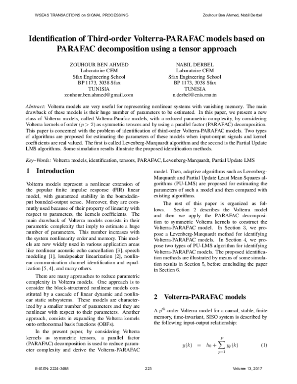 Pdf Identification Of Third Order Volterra Parafac Models Using Levenberg Marquardt Algorithm