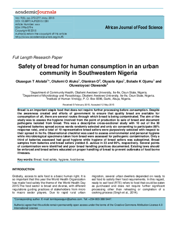 (PDF) Safety of bread for human consumption in an urban community in ...