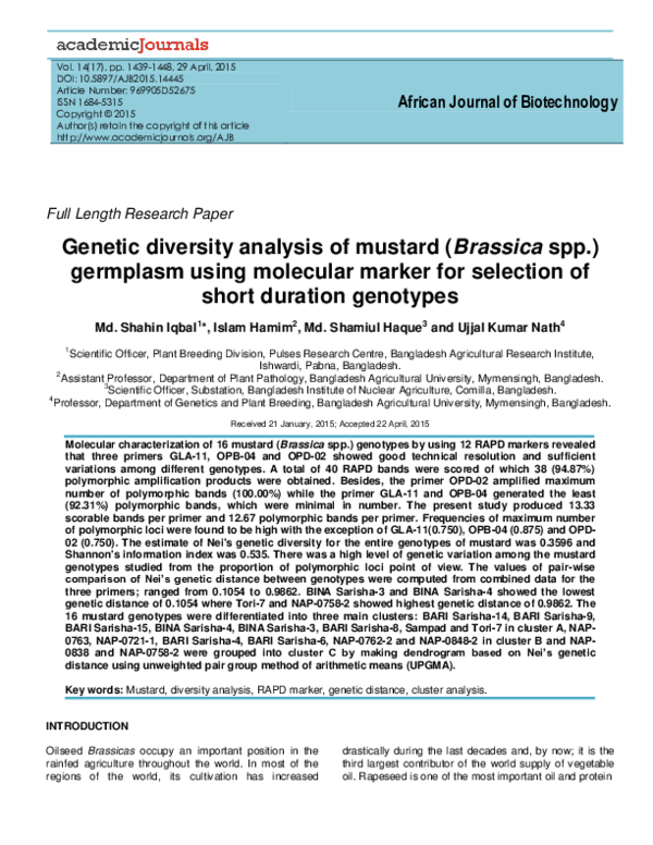 (PDF) Genetic diversity analysis of mustard (Brassica spp.) germplasm using molecular marker for ...