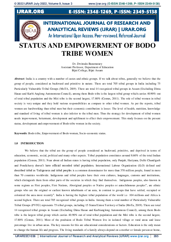 (PDF) STATUS AND EMPOWERMENT OF BODO TRIBE WOMEN