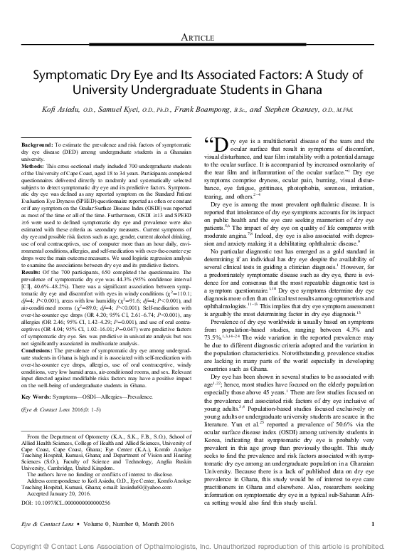 (PDF) Symptomatic Dry Eye and Its Associated Factors: A Study of ...