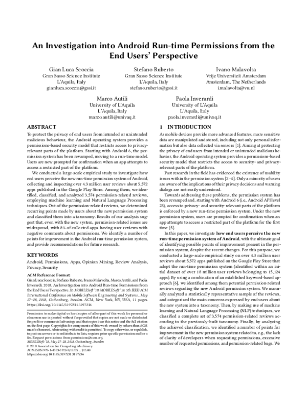 (PDF) An investigation into Android run-time permissions from the end users' perspective