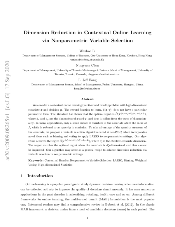 Pdf Dimension Reduction In Contextual Online Learning Via