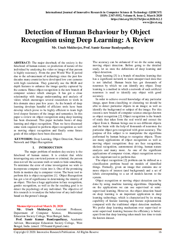 Pdf Detection Of Human Behaviour Byobject Recognitionusing Deep Learninga Review