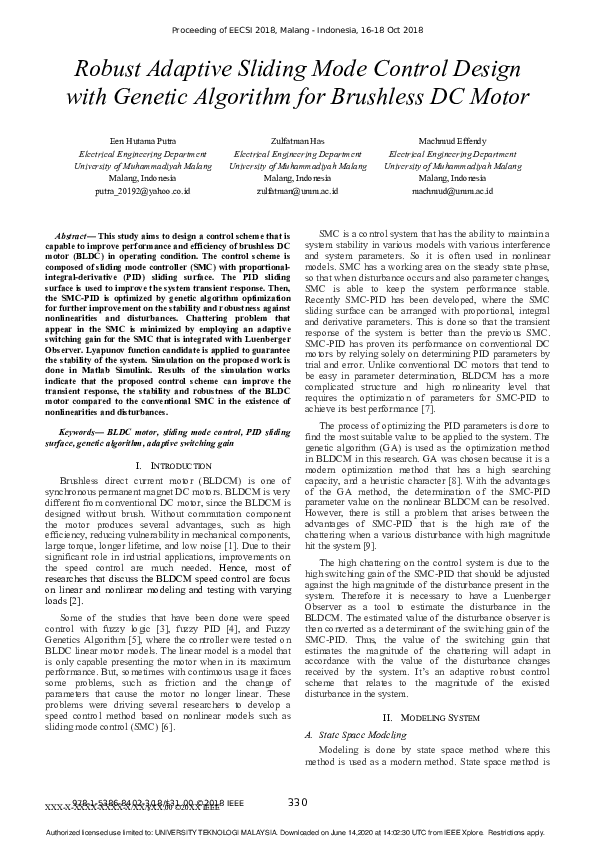 Pdf Robust Adaptive Sliding Mode Control Design With Genetic Algorithm For Brushless Dc Motor