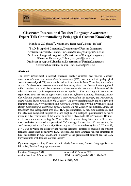 (PDF) Classroom Interactional Teacher Language Awareness: Expert Talk Contextualizing ...