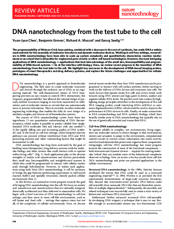 (PDF) DNA nanotechnology from the test tube to the cell | Benjamin ...