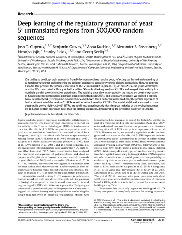 (PDF) Deep learning of the regulatory grammar of yeast 5’ untranslated regions from 500,000 ...