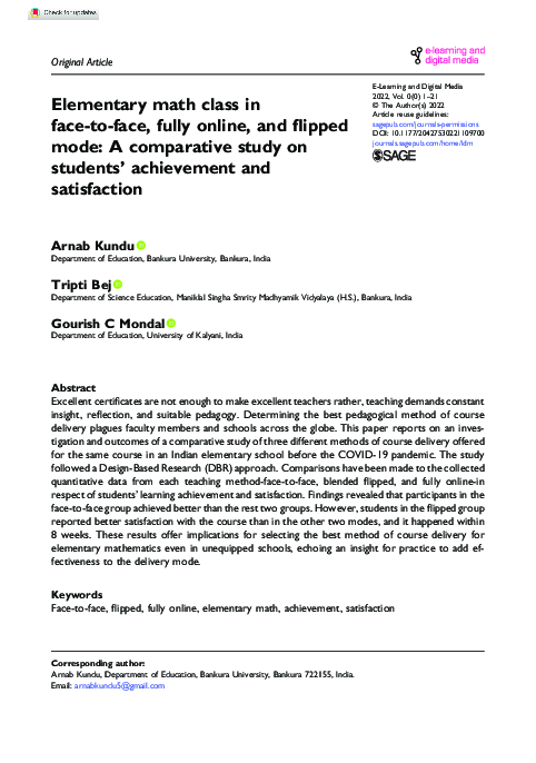 (PDF) Elementary math class in face-to-face, fully online, and flipped ...