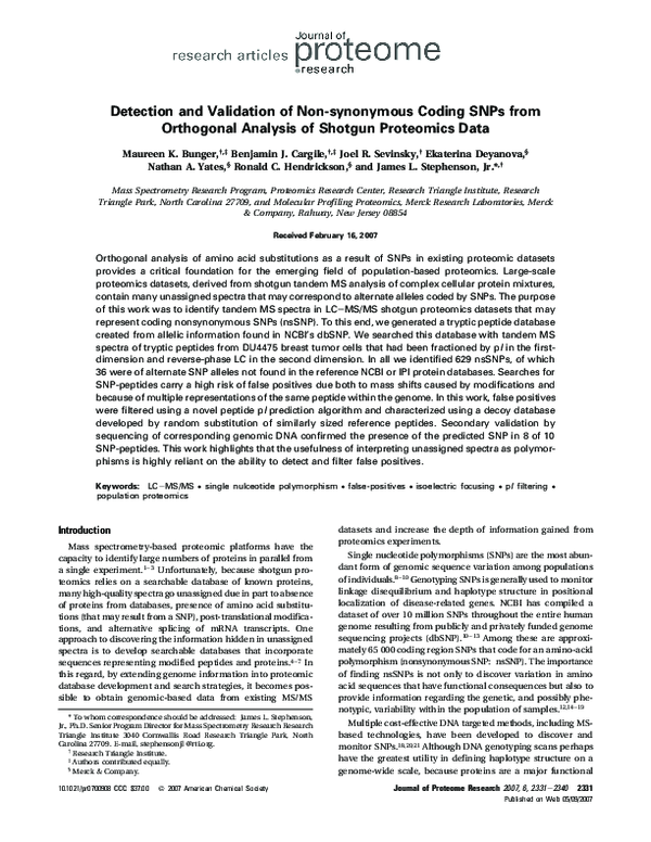 (PDF) Detection and Validation of Non-synonymous Coding SNPs from Orthogonal Analysis of Shotgun ...