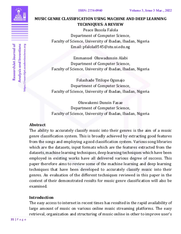 (PDF) MUSIC GENRE CLASSIFICATION USING MACHINE AND DEEP LEARNING TECHNIQUES: A REVIEW