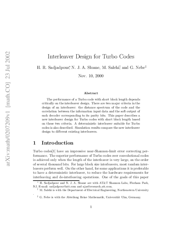 (PDF) Interleaver design for turbo codes