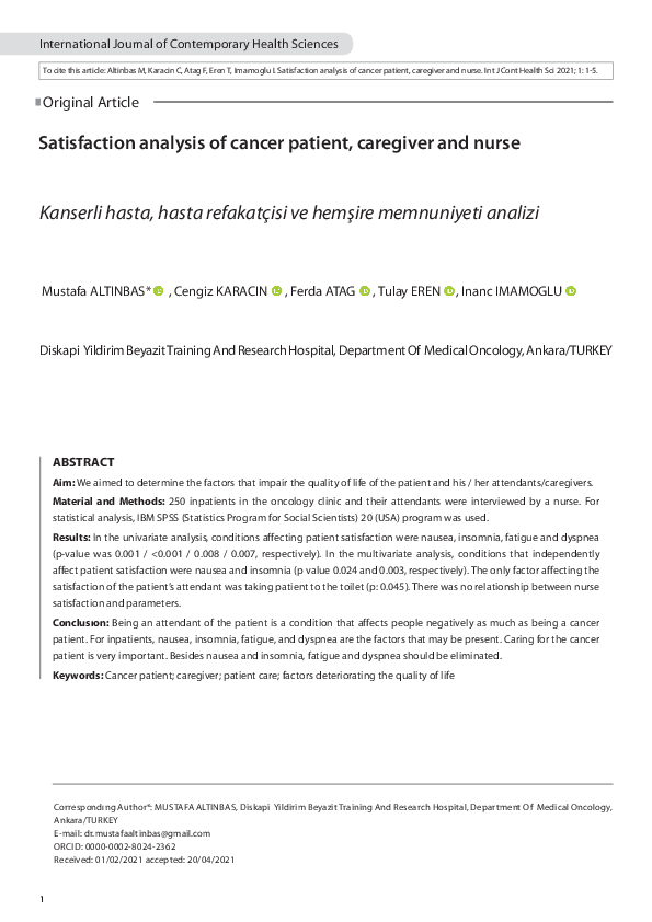 (PDF) Satisfaction analysis of cancer patient, caregiver and nurse