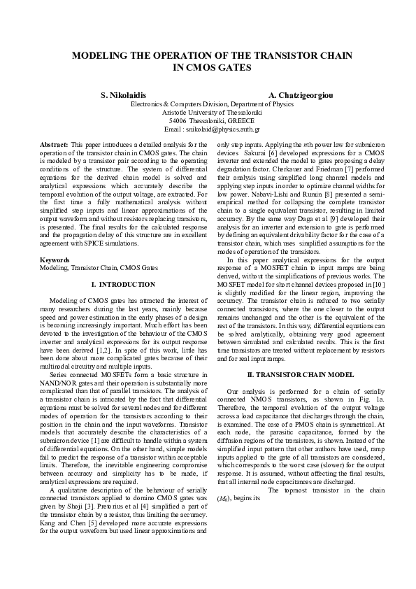 (PDF) Modeling the Operation of the Transistor Chain in Cmos Gates