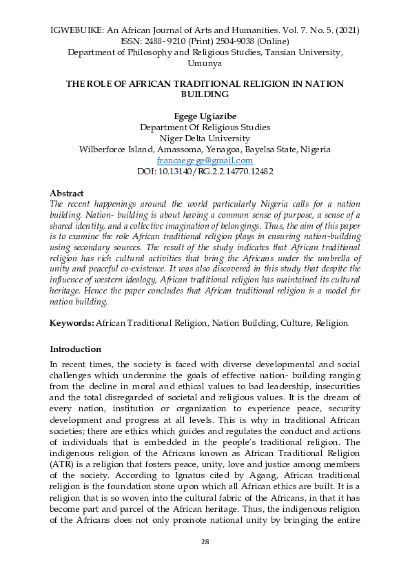 (PDF) The Role of African Traditional Religion in Nation Building