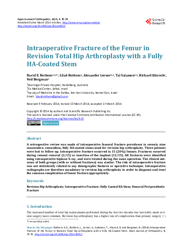 (PDF) Intraoperative Fracture of the Femur in Revision Total Hip Arthroplasty with a Fully HA ...
