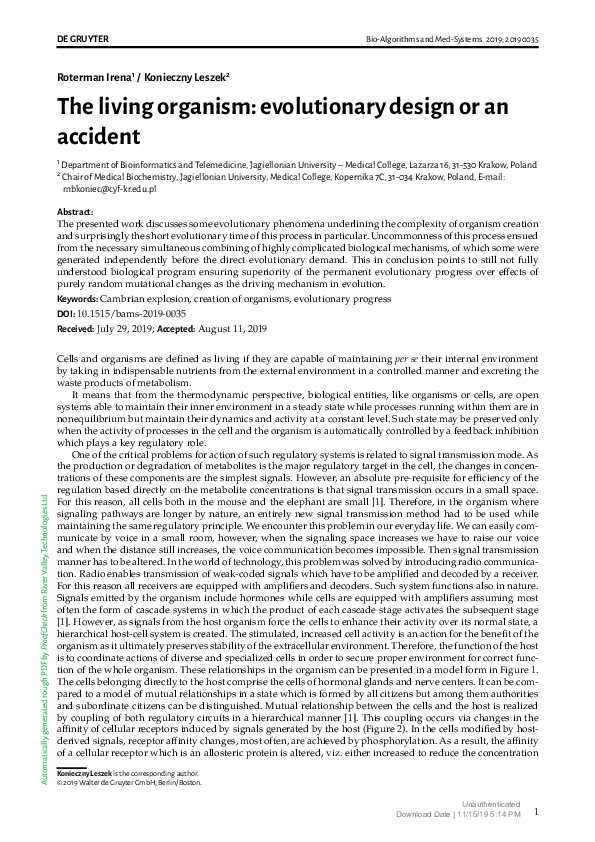 (PDF) The living organism: evolutionary design or an accident