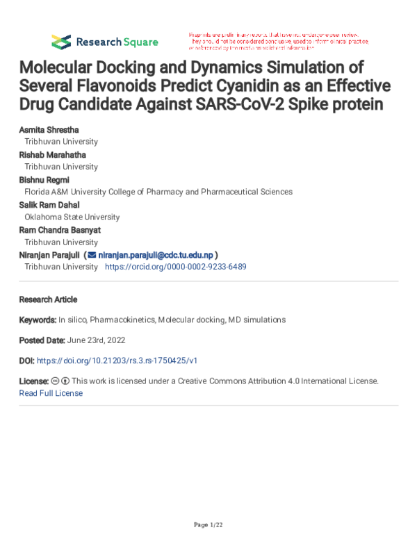 (PDF) Molecular Docking and Dynamics Simulation of Several Flavonoids Predict Cyanidin as an ...