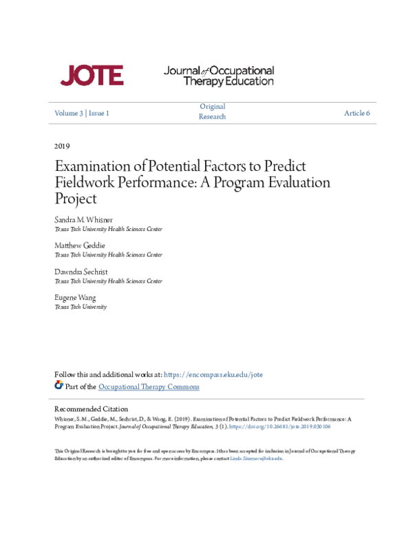 (PDF) Examination of Potential Factors to Predict Fieldwork Performance: A Program Evaluation ...