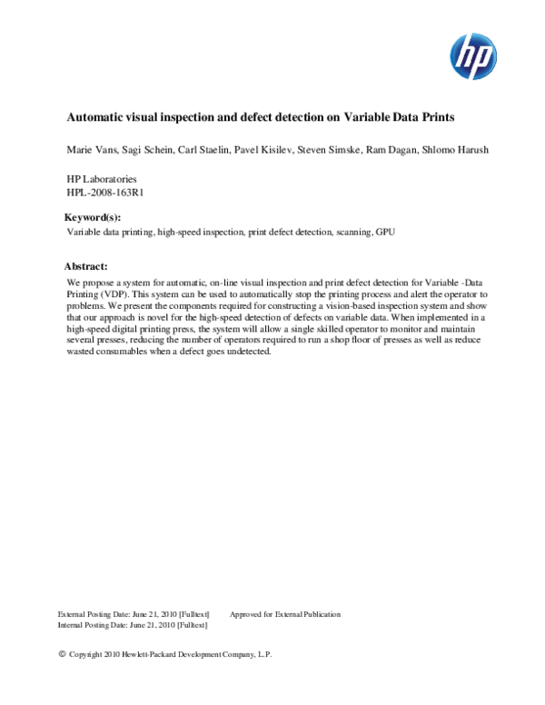 (PDF) Automatic visual inspection and defect detection on variable data prints | Carl Staelin ...