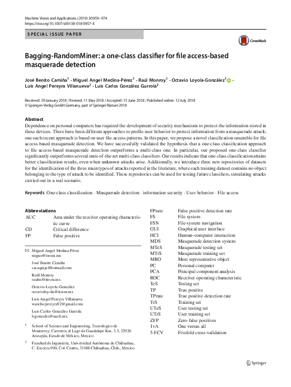 (PDF) Bagging-RandomMiner: a one-class classifier for file access-based masquerade detection